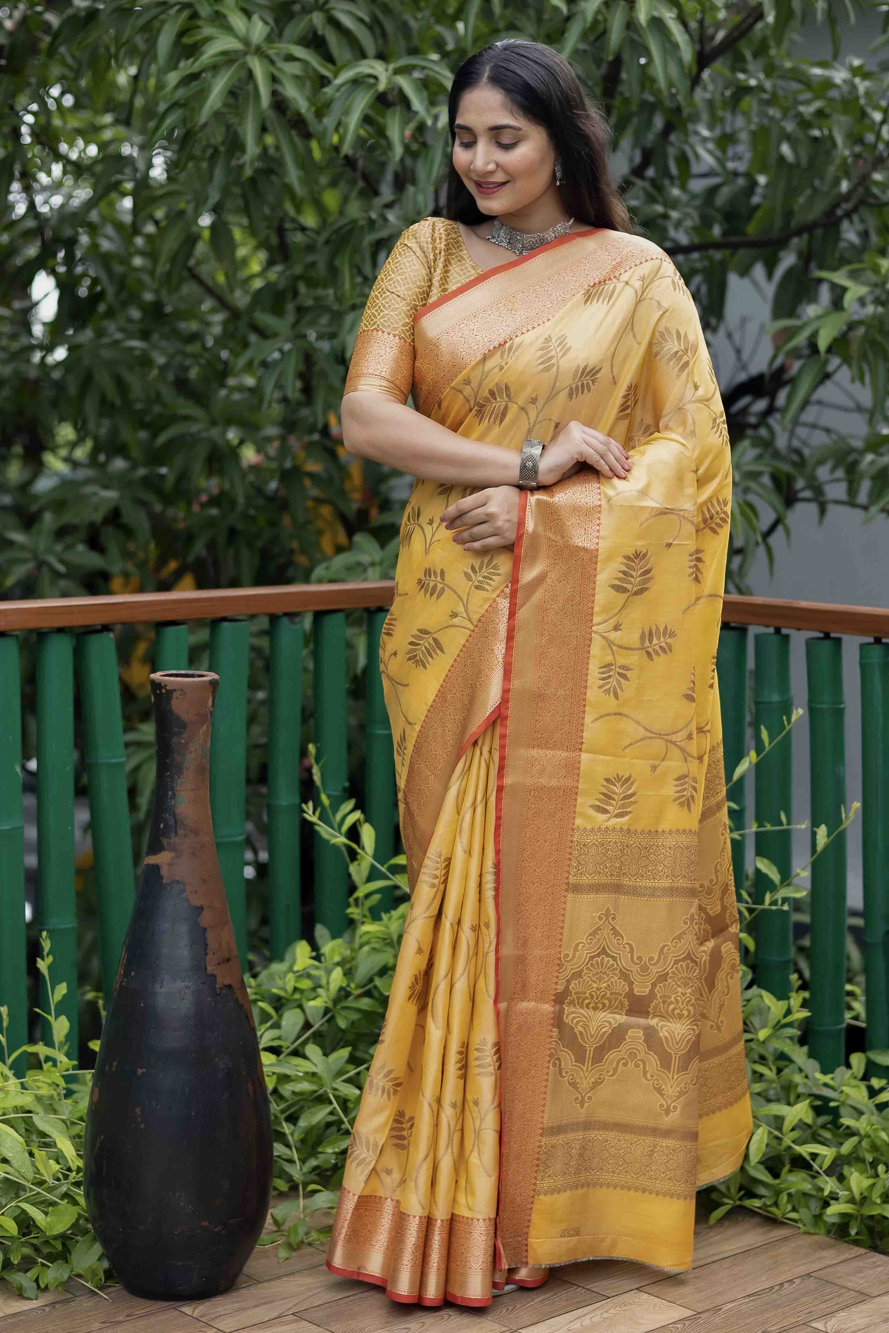 Mustard Yellow Linen Silk Zari Woven Saree - Shaaola.com